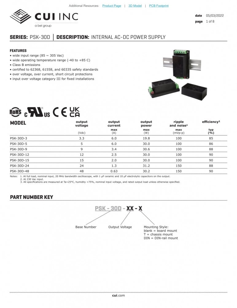 CUI PSK-30D datasheet page 1