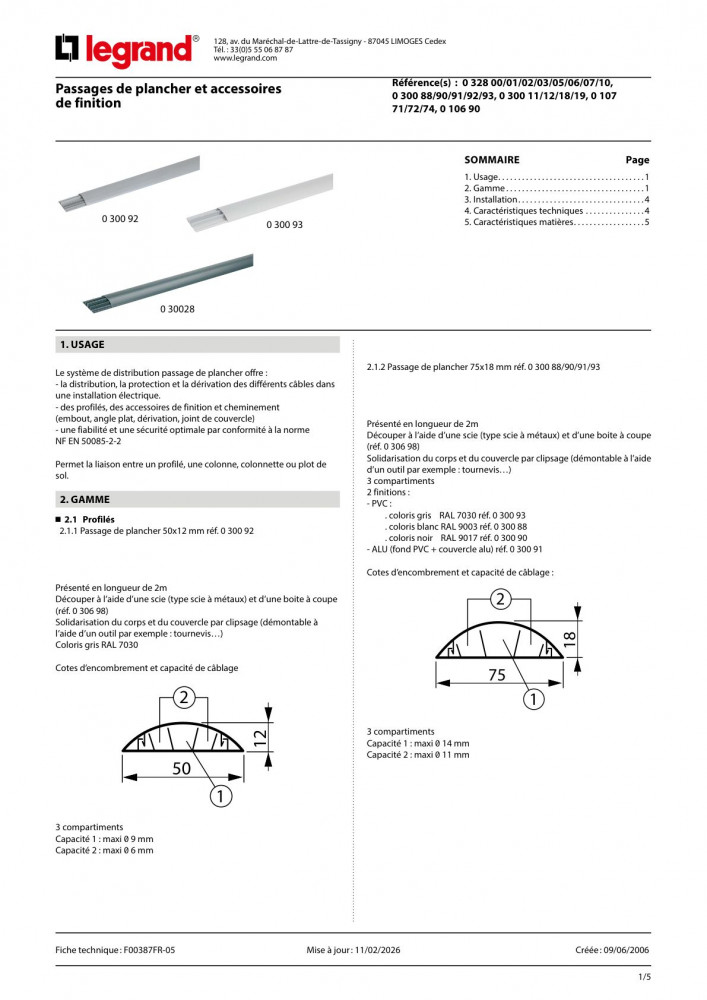 Legrand floor cable duct documentation, page 1