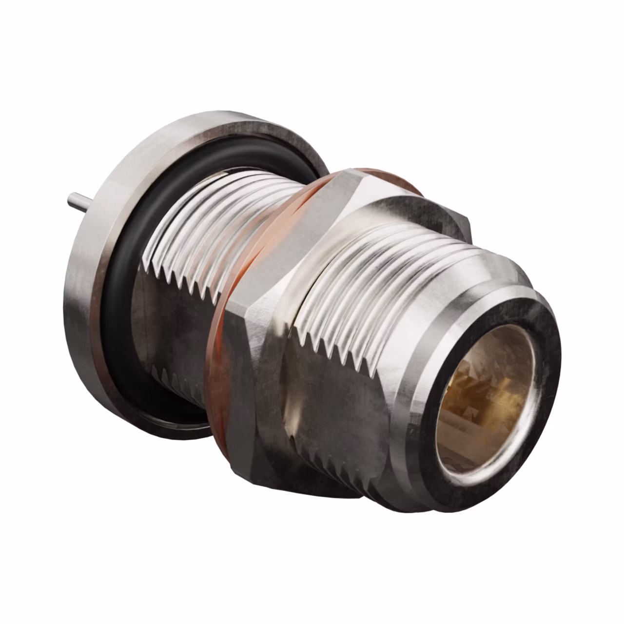 N Jack, Straight, Bulkhead Receptacle, PCB, Through Hole, Brass Body, Nickel (Ni) Plated, with Jam Nut and Lockwasher, 50 Ohms for sale