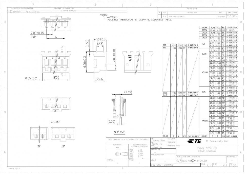 TE Connectivity 440129-3 controlled drawing page 1