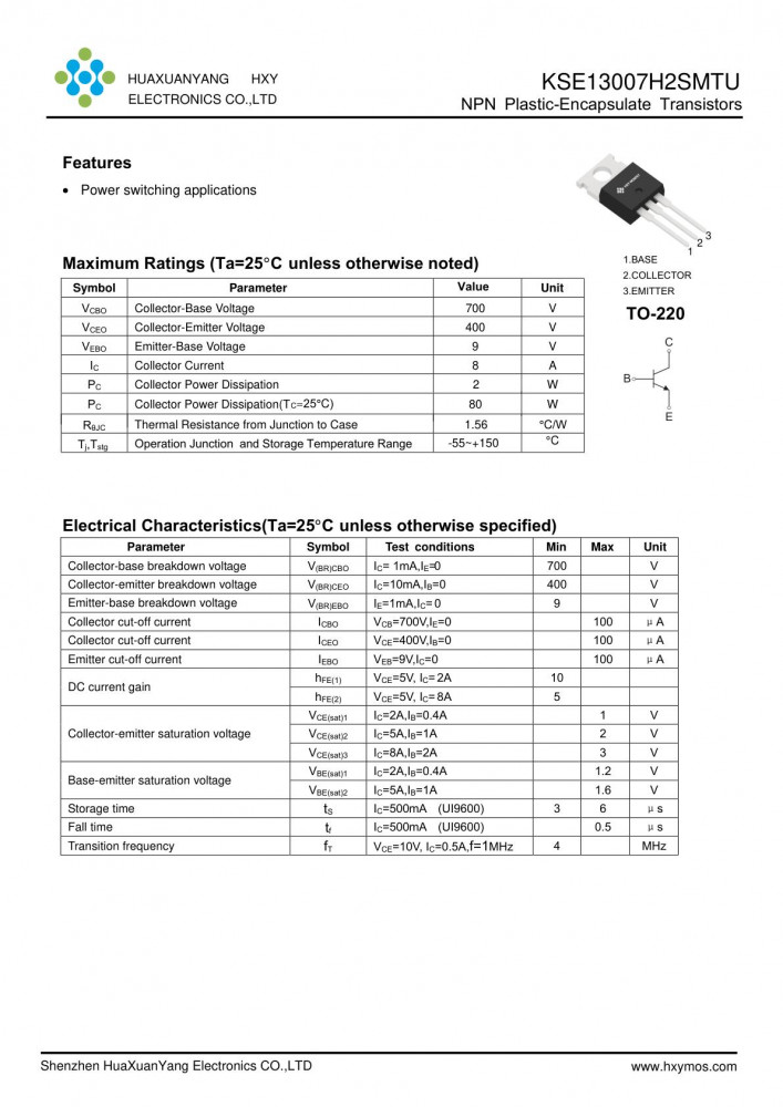 KSE13007H2SMTU-HXY technical document page 1