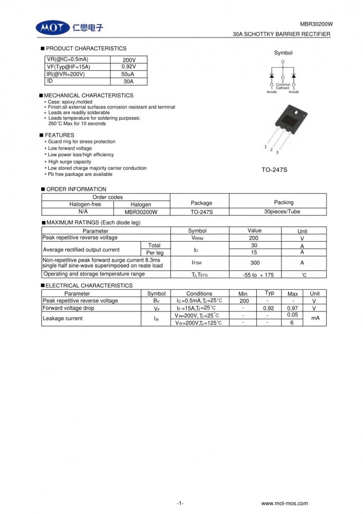 MBR30200W datasheet page 1