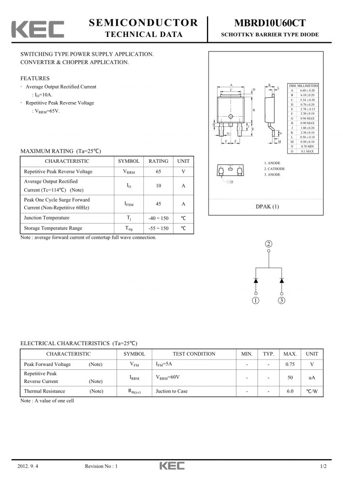 MBRD10U60CT-RTF/H datasheet page 1