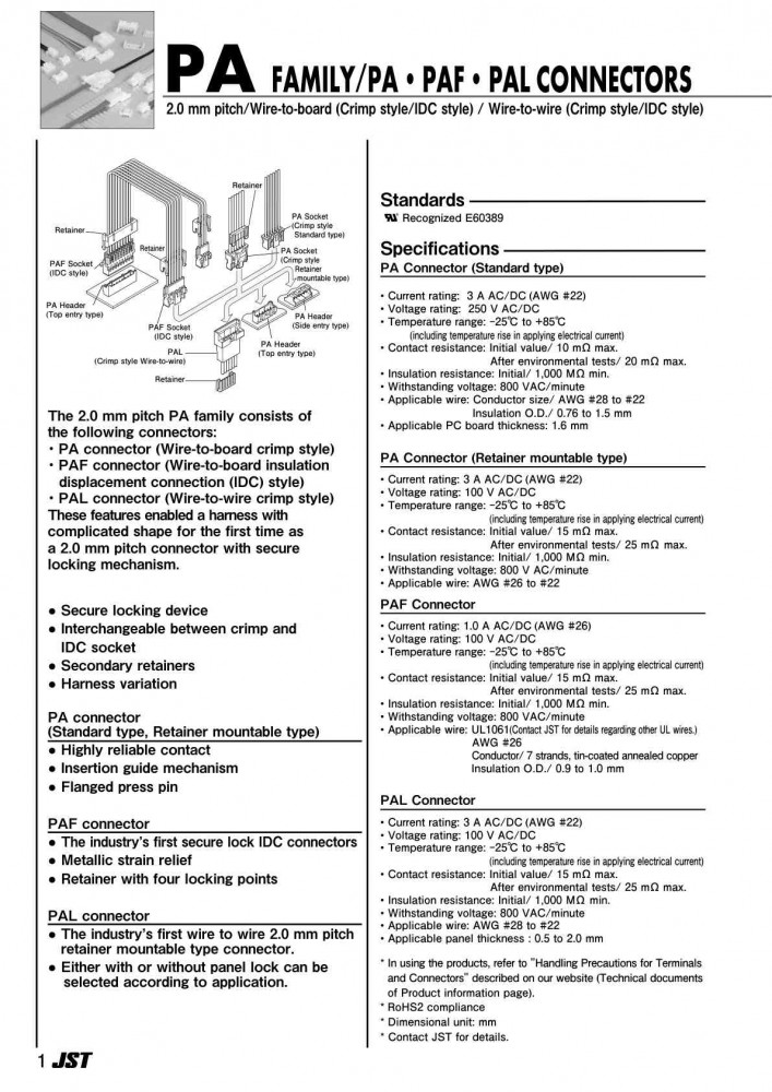 JST PA family datasheet page 1