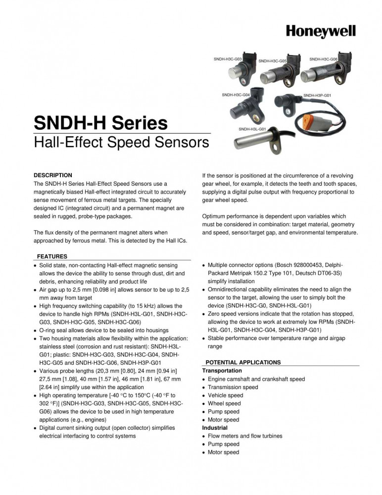 Honeywell SNDH-H Series document page 1