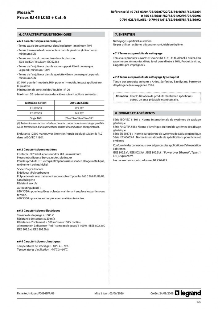 Legrand Mosaic Cat 6 RJ45 outlet technical document, page 3