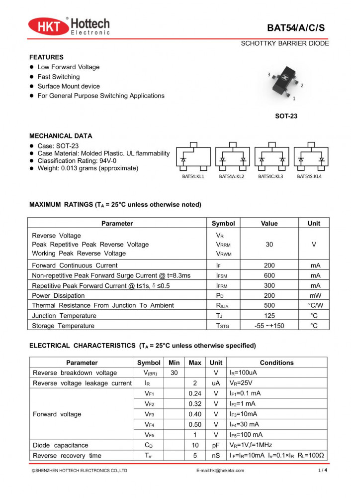 BAT54A datasheet page 1