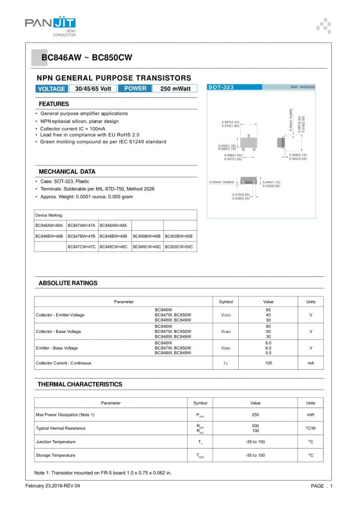 PANJIT BC850BW datasheet page 1