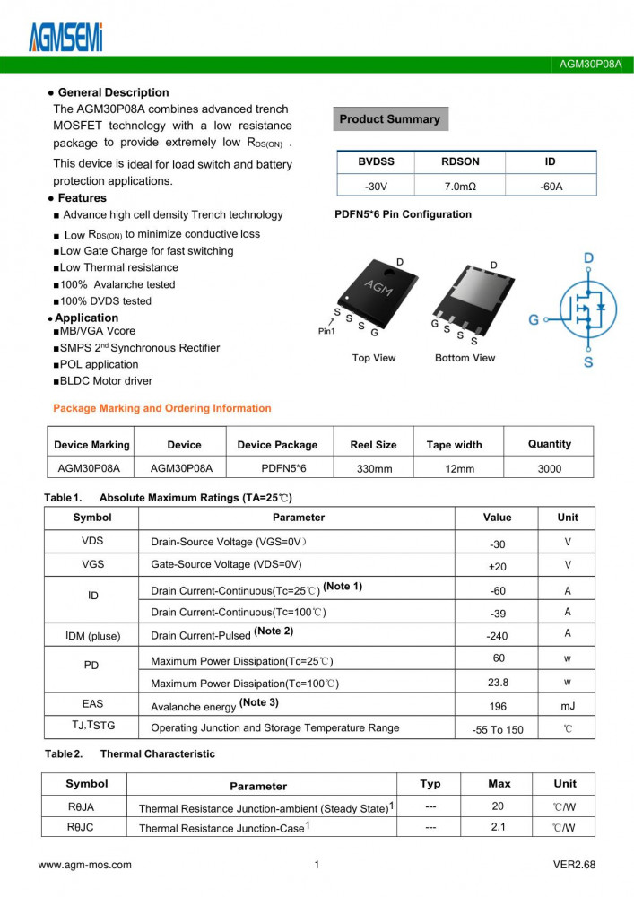 AGM30P08A datasheet page 1