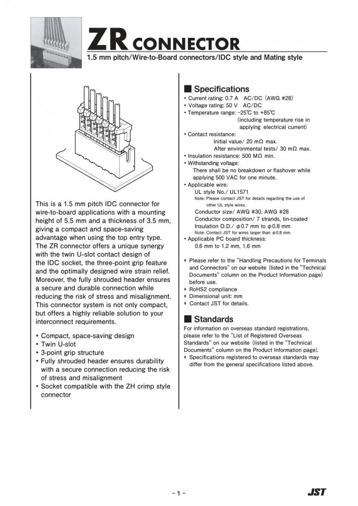 JST ZR connector technical document page 1