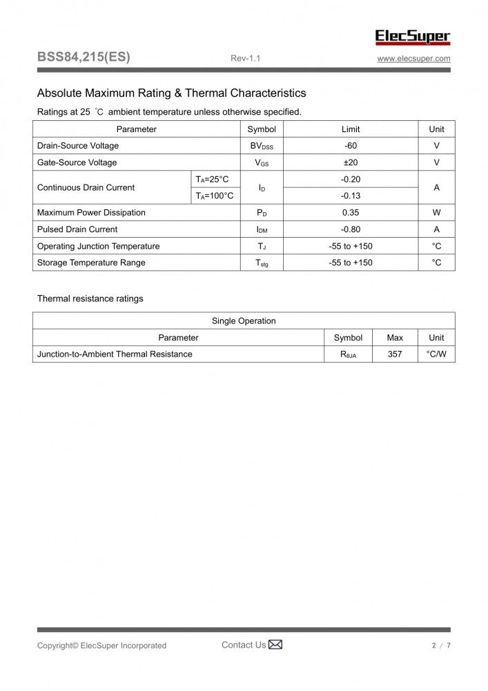 BSS84,215(ES) datasheet page 2