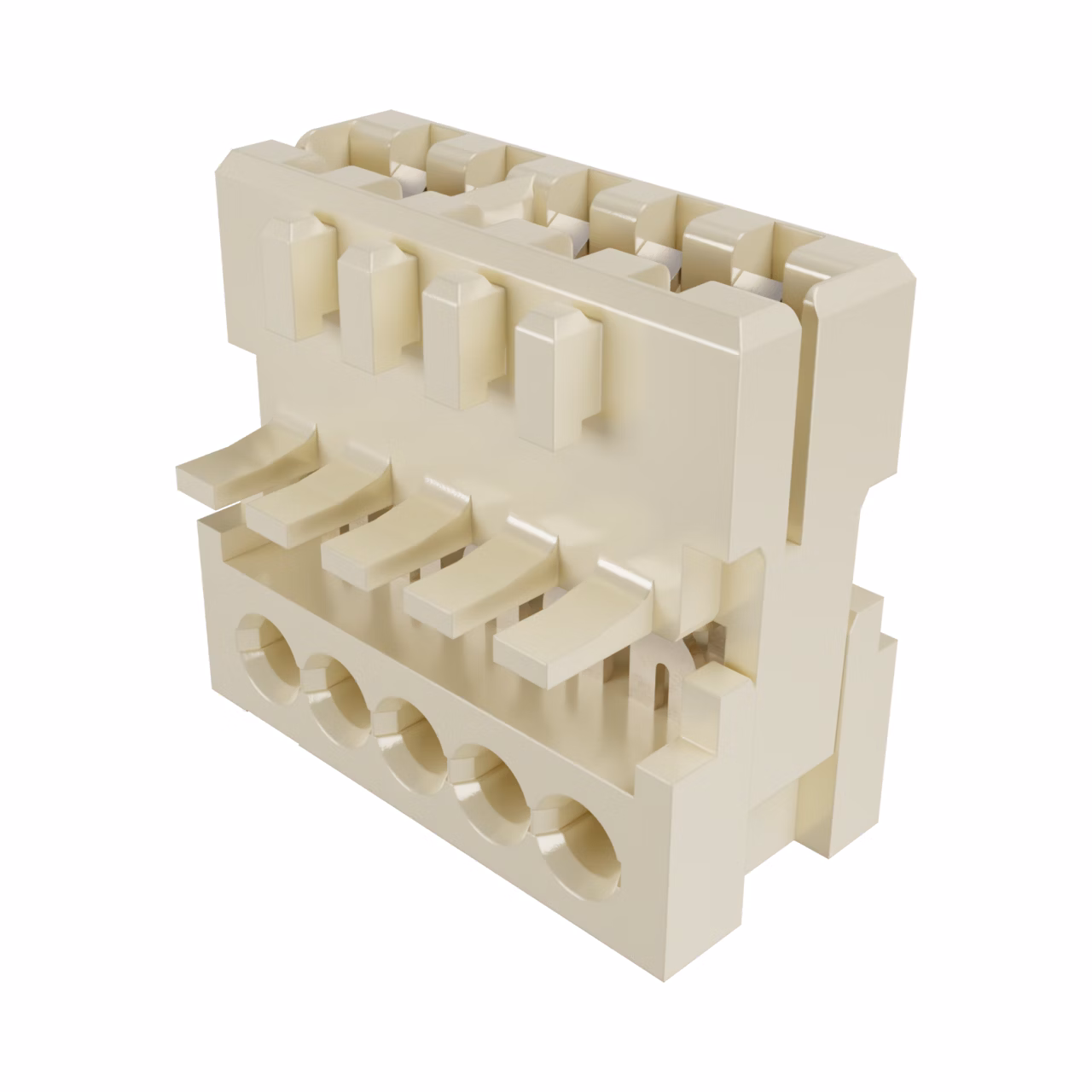 Appli-Mate RAST 2.5 Connector, 2.50mm Pitch, Female, 5 Circuits, Positions A and F Removed, Polarizing Rib Between 2/3, Locking Pips, Slotted Endwalls, Tin Plating for sale