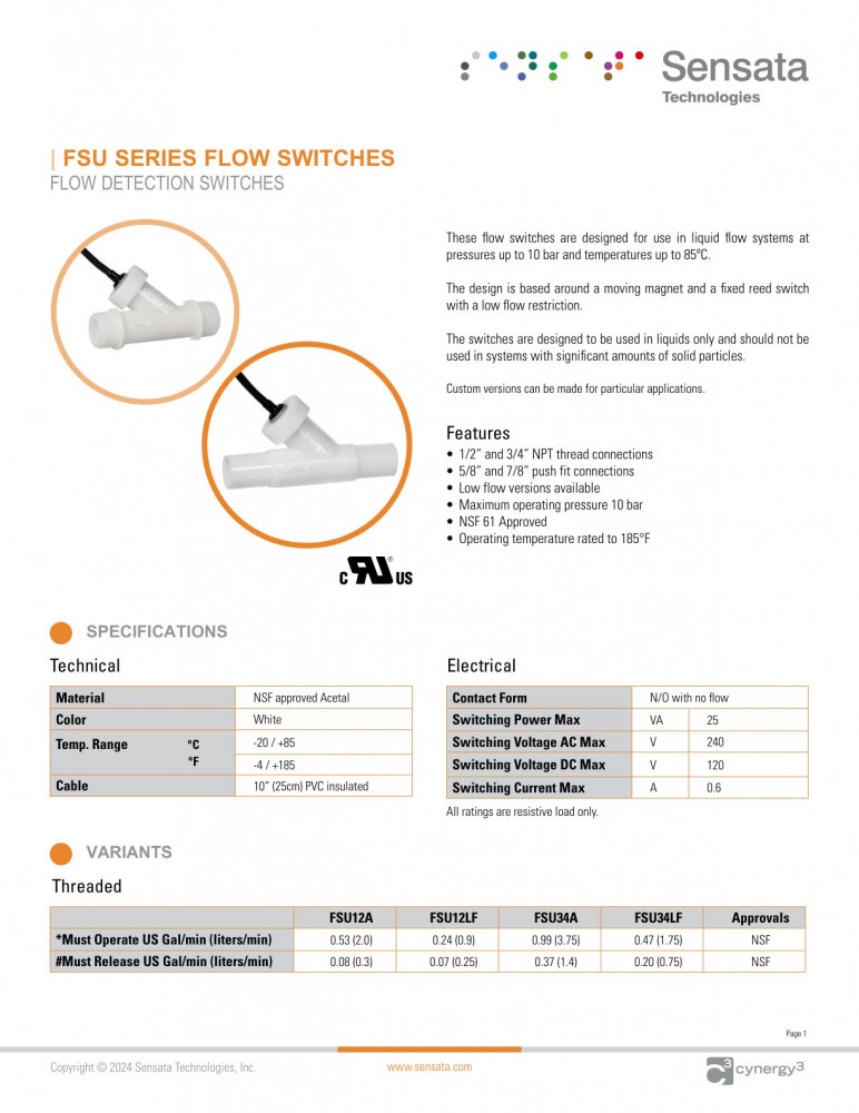 FSU series flow switches technical document, page 1