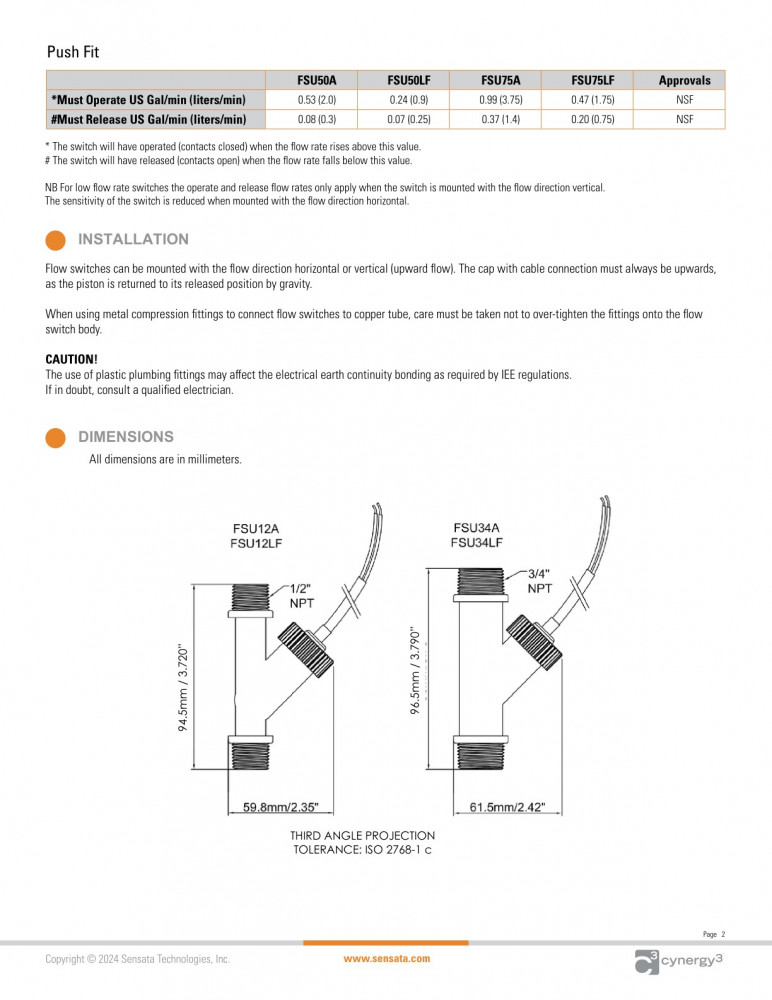FSU series flow switches technical document, page 2