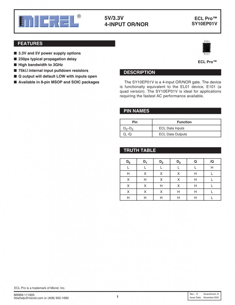 SY10EP01V datasheet page 1
