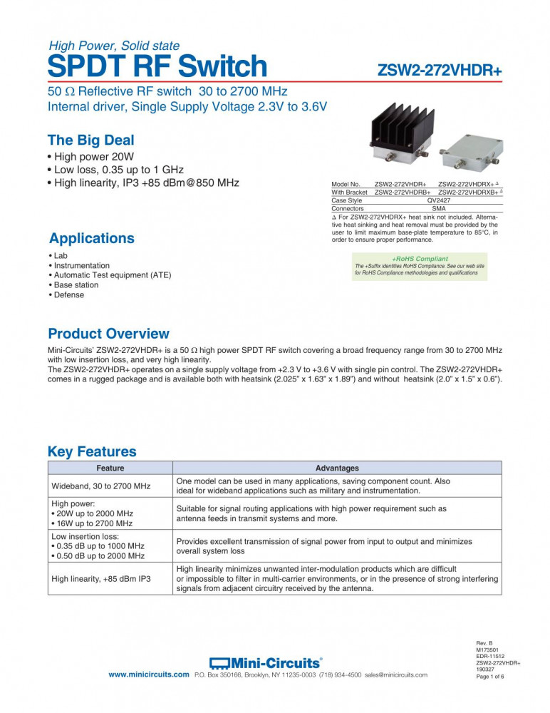 ZSW2-272VHDR+ datasheet page 1