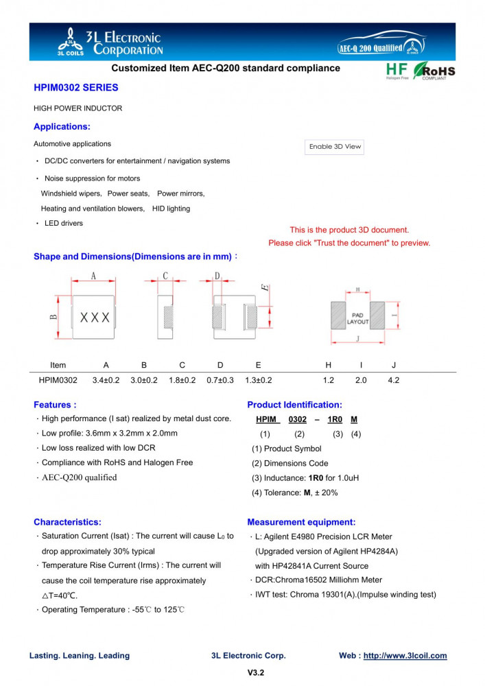 HPIM0302 series technical document, page 1