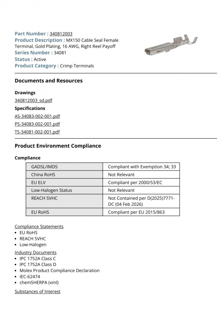 MOLEX 340812003 technical document image, page 1
