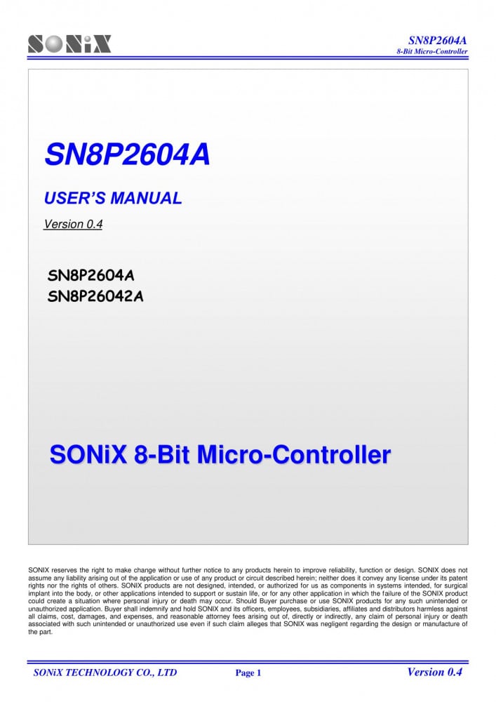 SN8P2604A manual page 1