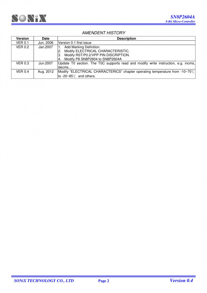 SN8P2604A manual page 2