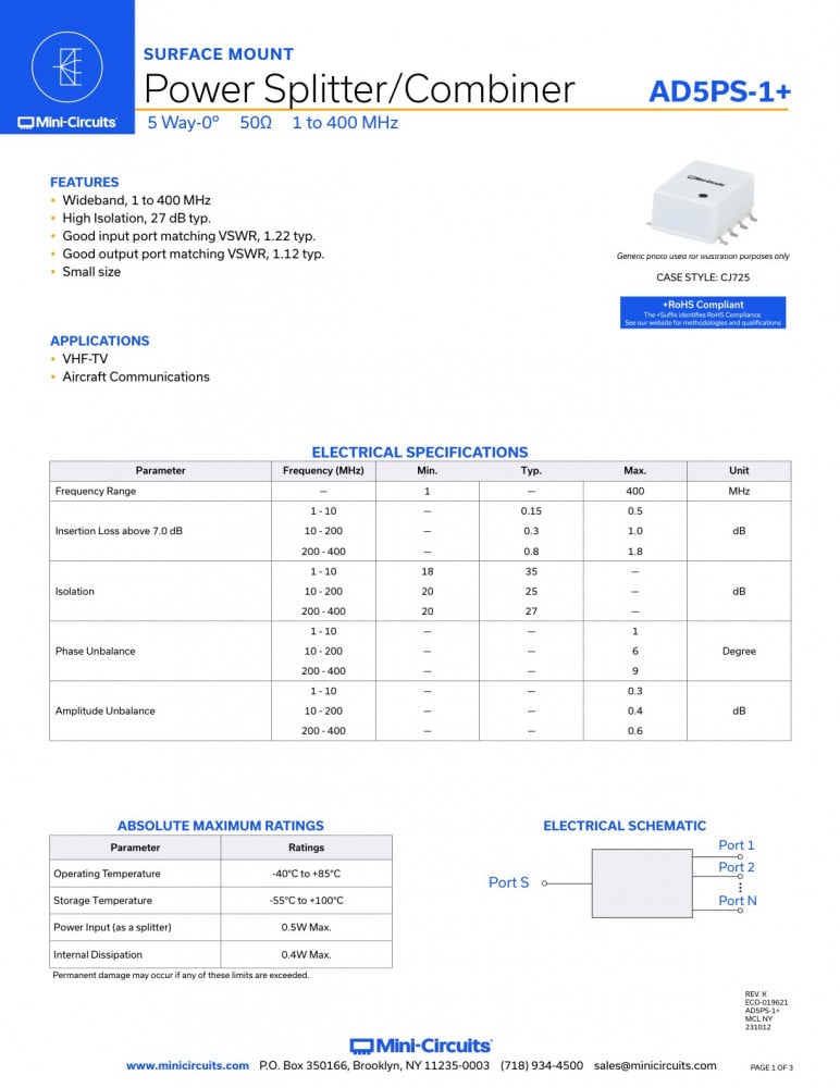 AD5PS-1+ technical specification page 1