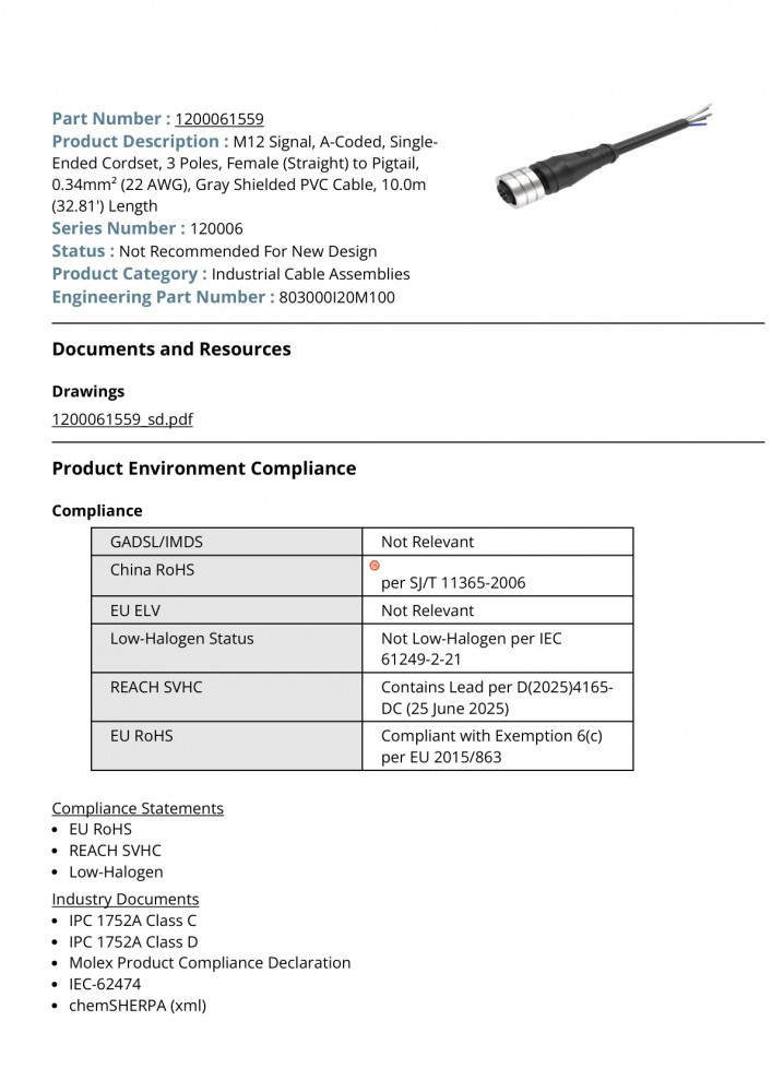Molex M12 cordset drawing page 1