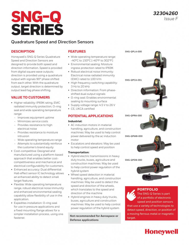 Honeywell SNG-Q Series datasheet page 1