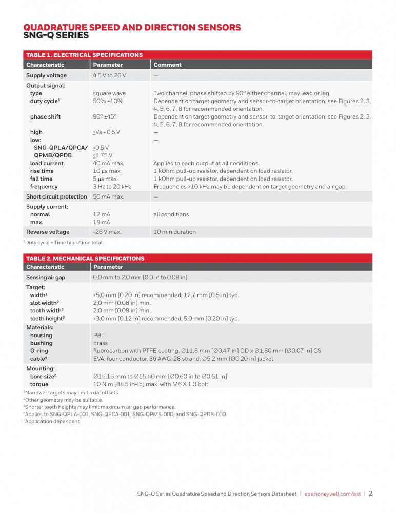 Honeywell SNG-Q Series datasheet page 2