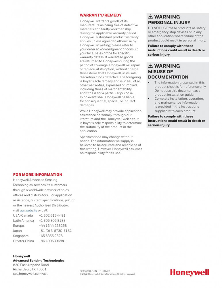 Honeywell SNG-Q Series datasheet page 9