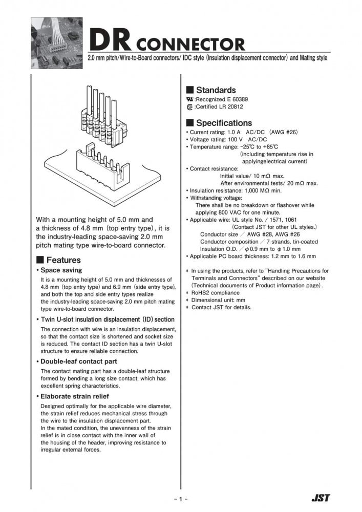 JST DR connector datasheet page 1