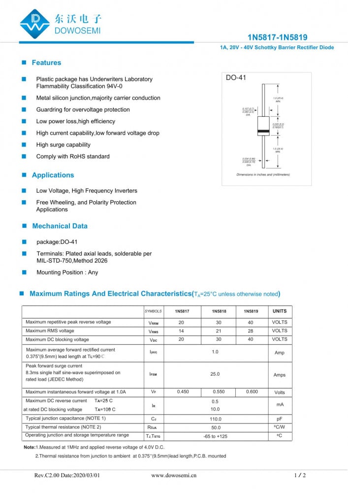 DOWO 1N5819 datasheet page 1