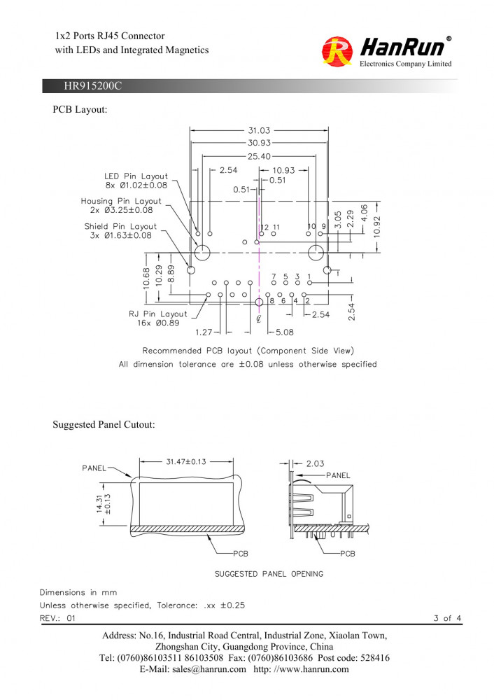 HR915200C PCB layout and panel opening