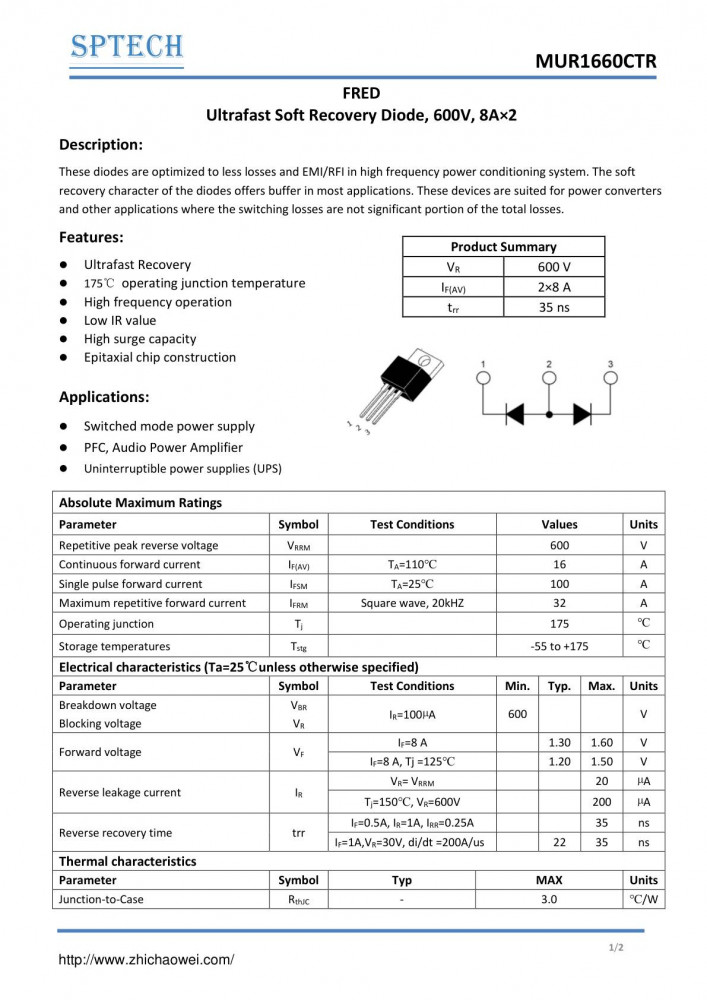 MUR1660CTR datasheet page 1