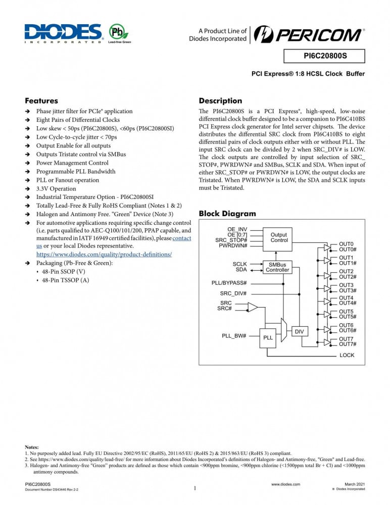 PI6C20800S datasheet page 1