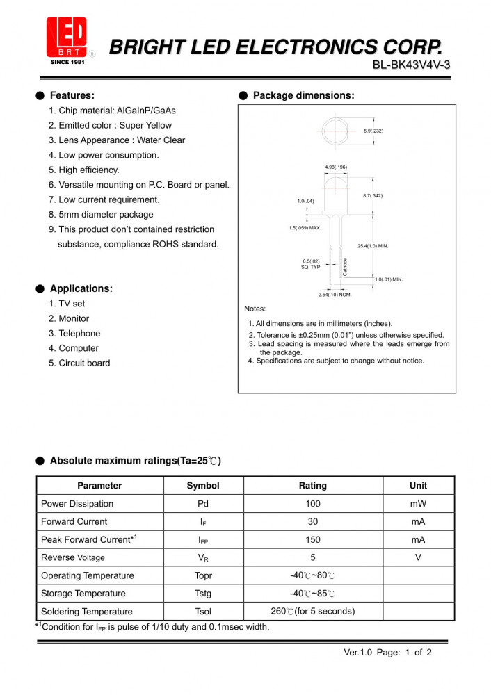 BL-BK43V4V-3 package drawing and mechanical dimensions