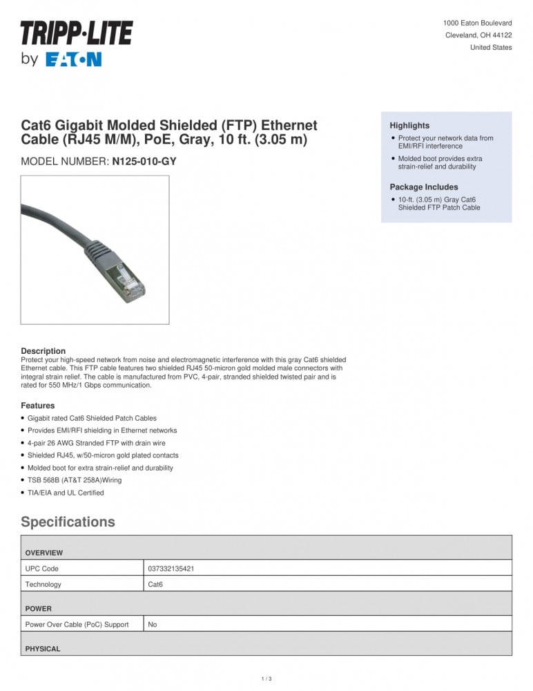 EATON N125-010-GY technical document page 1