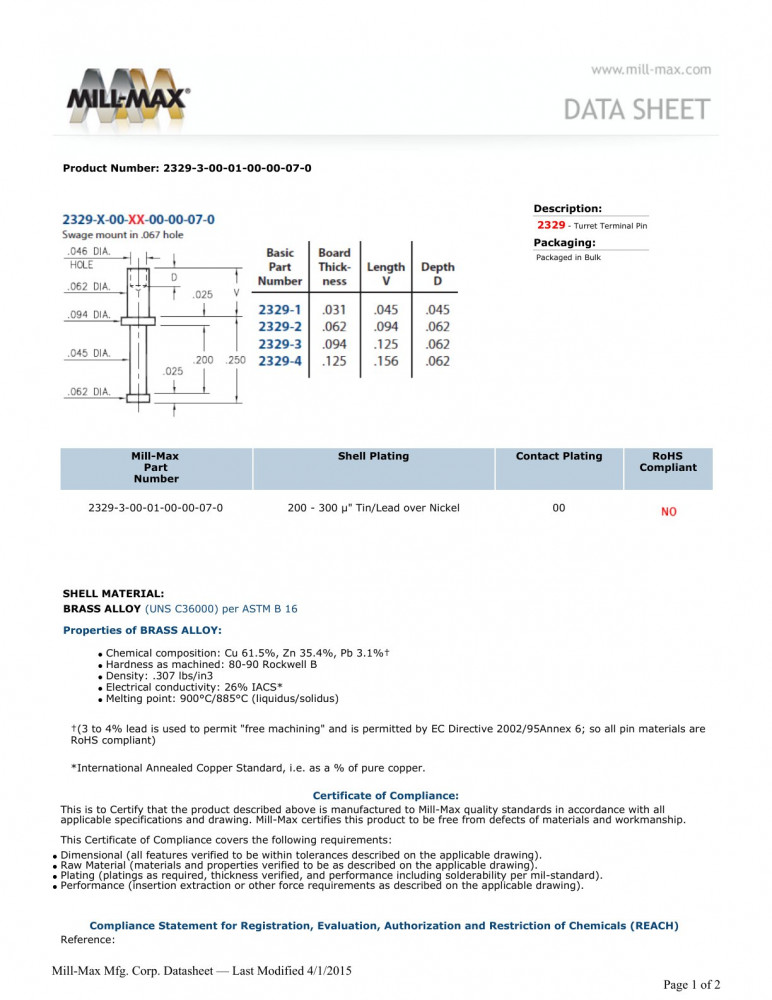 Mill-Max 2329 series technical document page 1