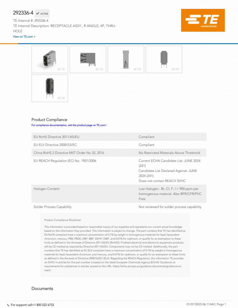 TE Connectivity 292336-4 technical document page 1