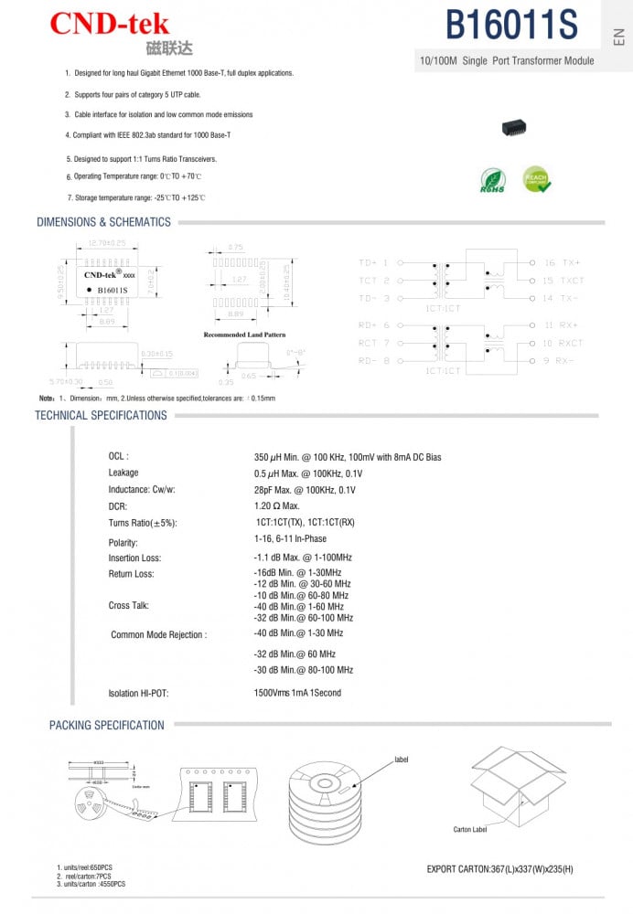 CND-tek B16011S technical document page