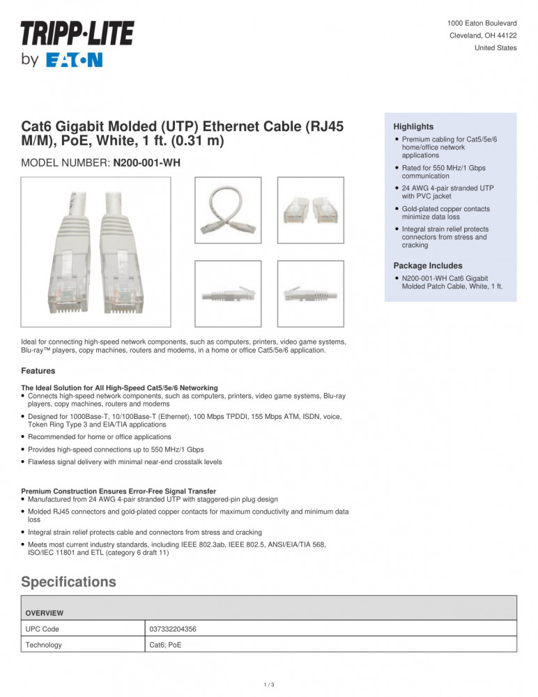N200-001-WH technical document page 1
