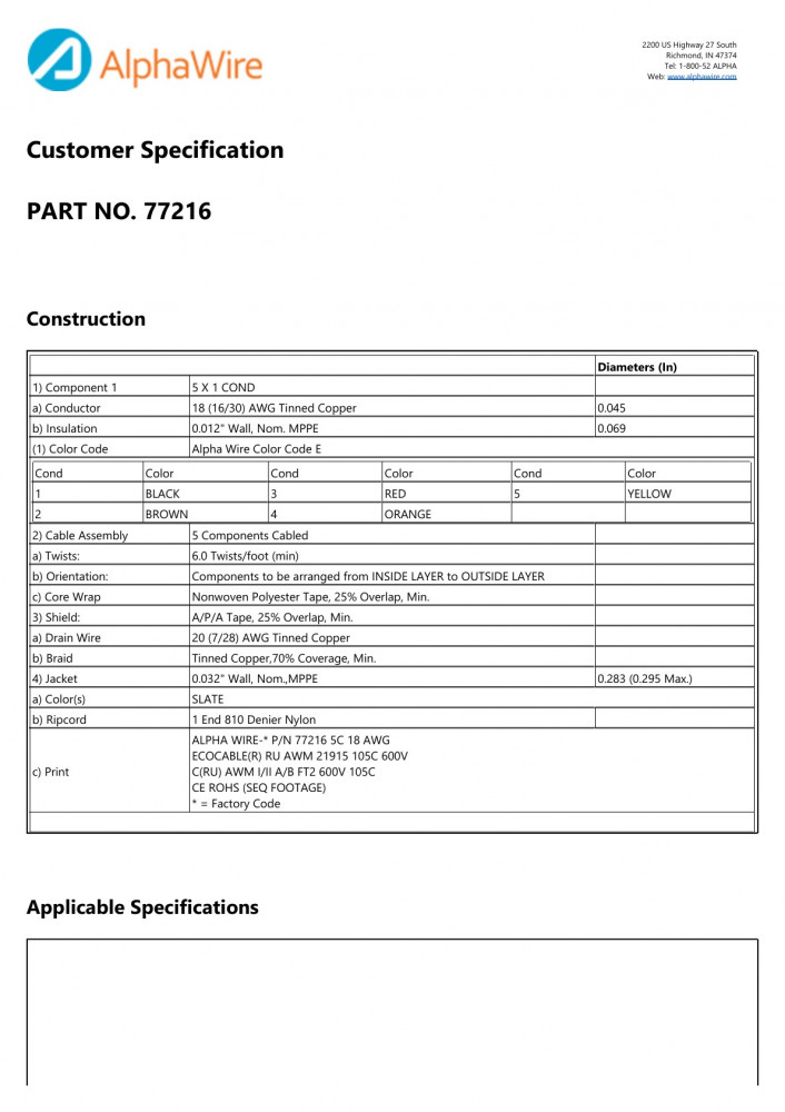 Alpha Wire 77216 SL005 specification page 1