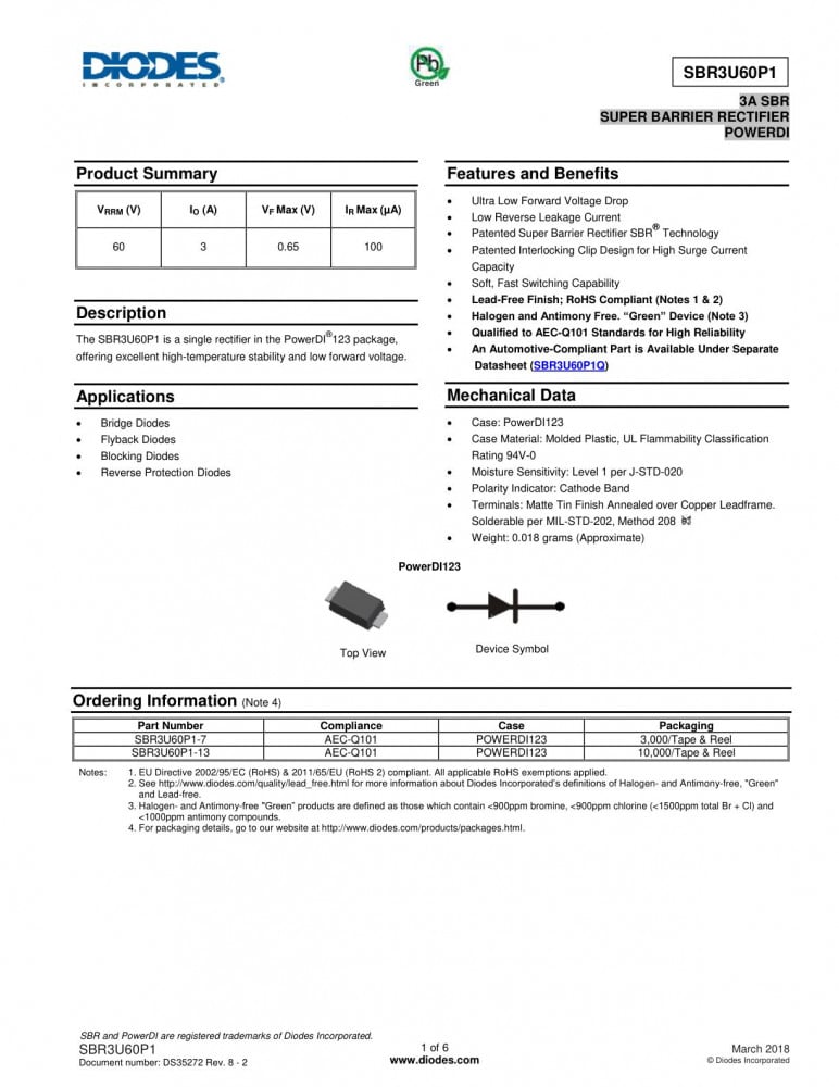 SBR3U60P1-7 datasheet page 1