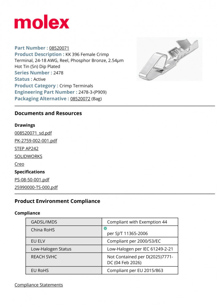 MOLEX KK 396 product specification page 1