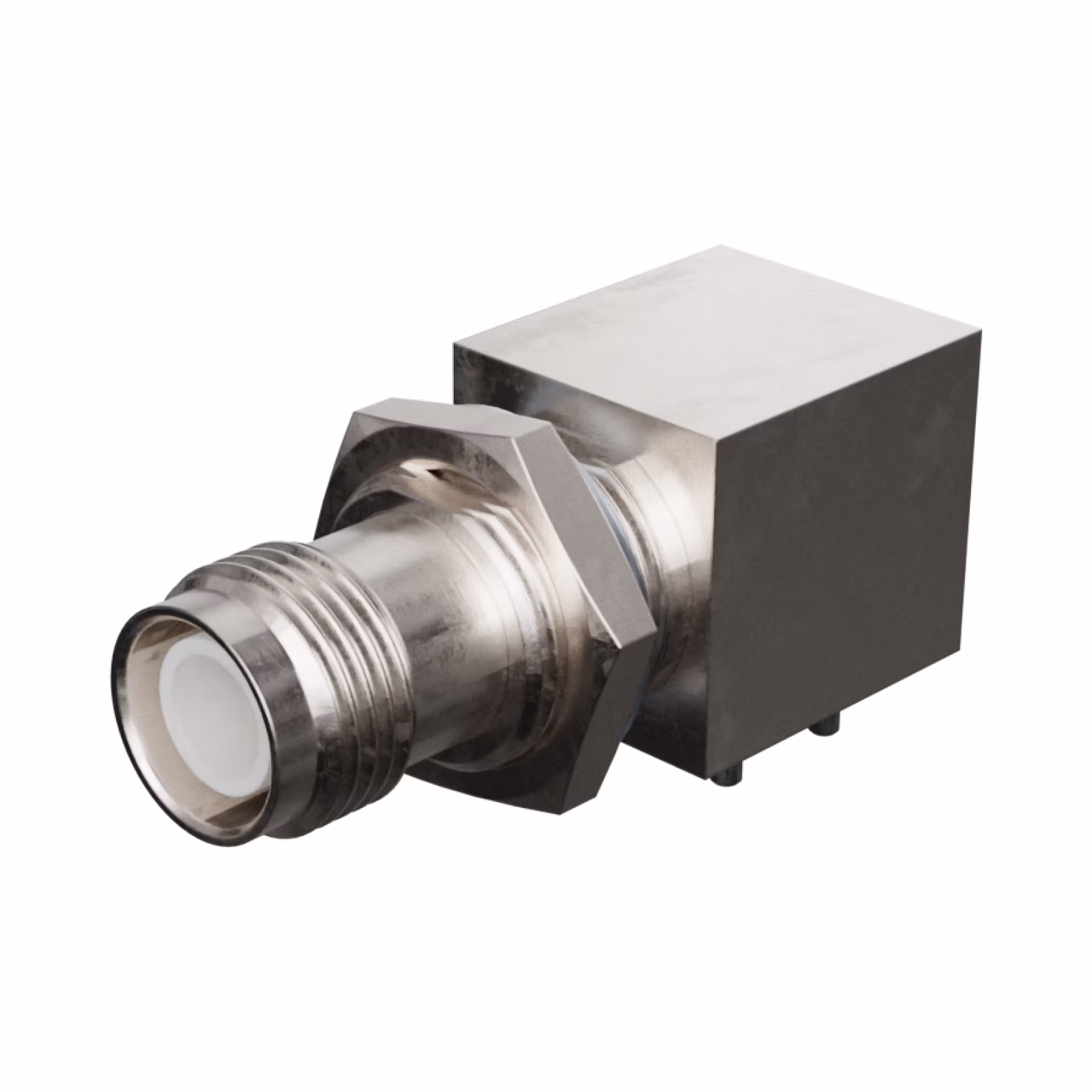 TNC Jack, Reverse Polarity, Right-Angle, Bulkhead Receptacle, PCB, Through Hole, Brass Body, Nickel (Ni) Plated, Jam Nut and Lockwasher Included, 50 Ohms for sale