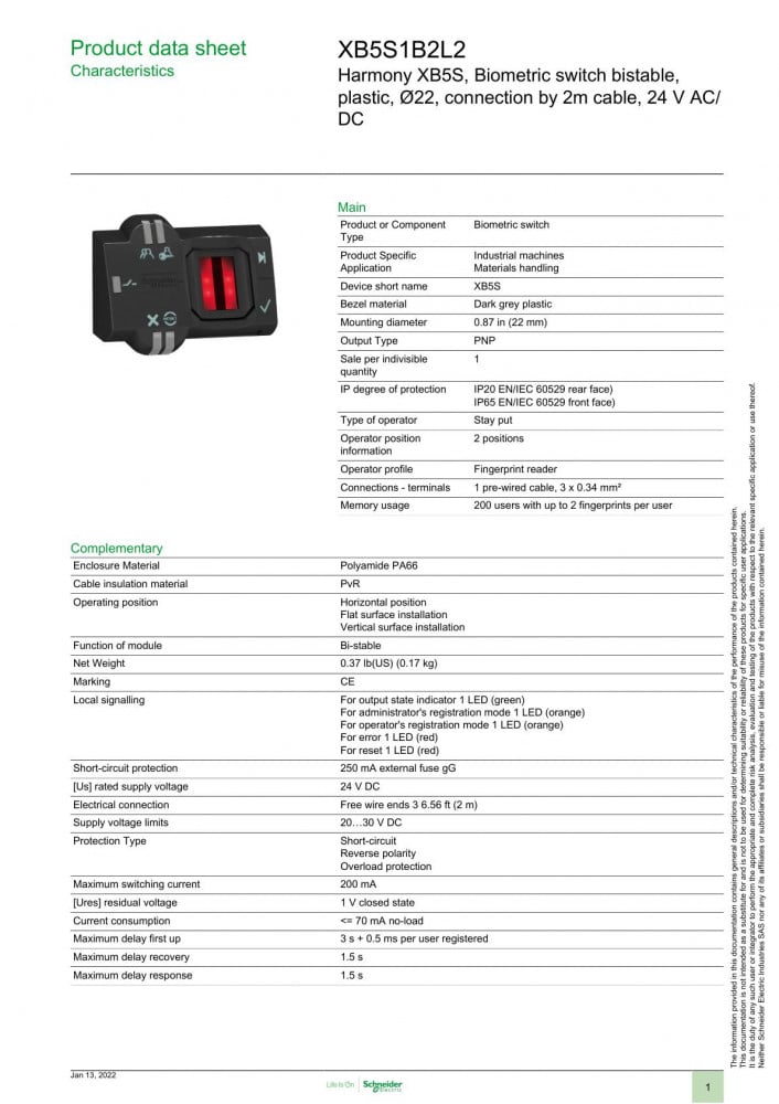 XB5S1B2L2 product documentation page 1