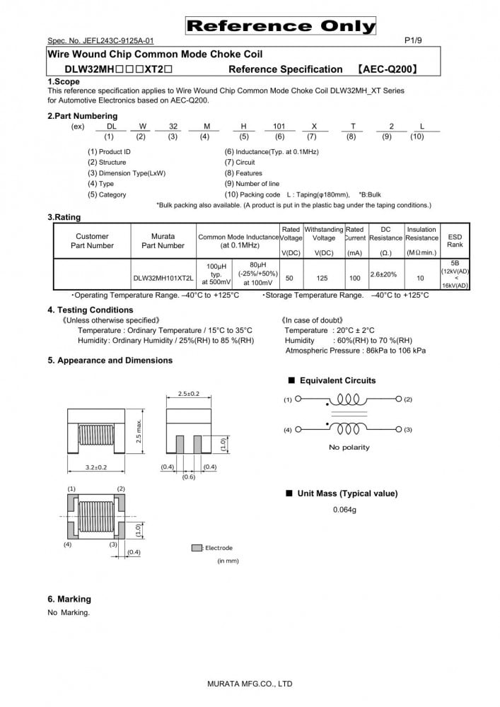 DLW32MH101XT2L reference specification page 1