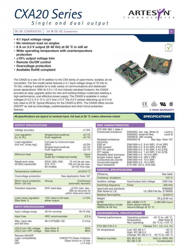 Artesyn CXA20 datasheet page 1