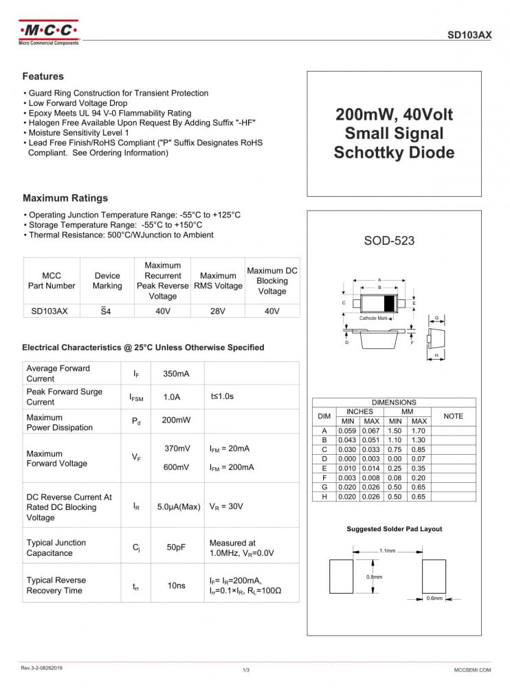 MCC SD103AX-TP datasheet page 1