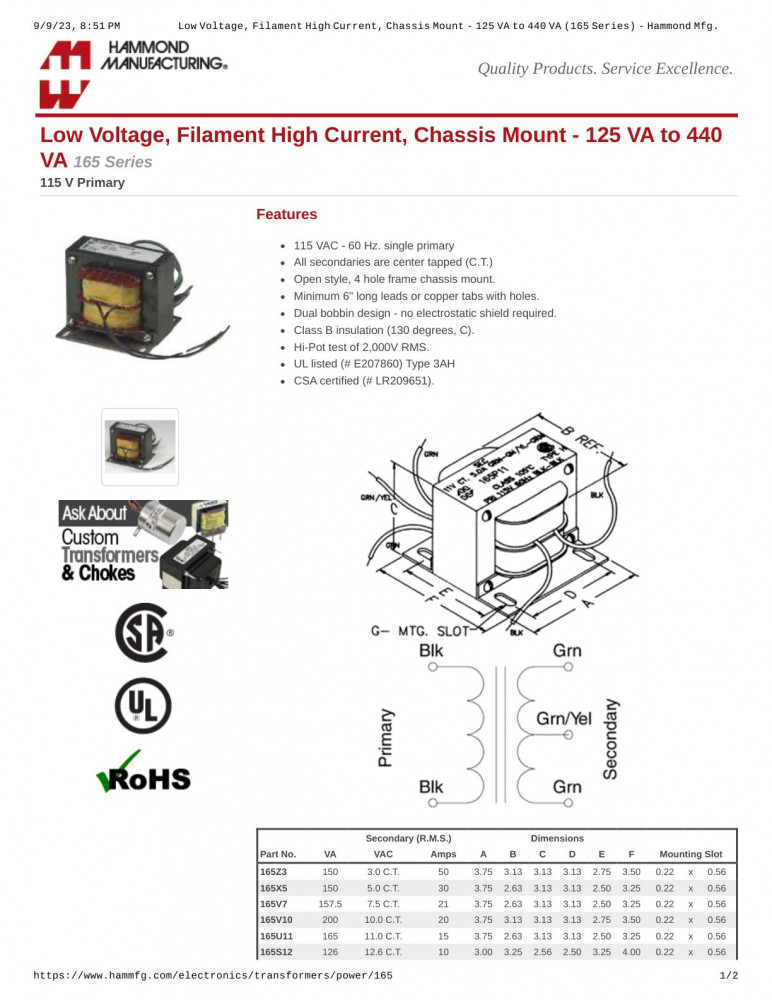 Hammond 165 Series technical document page 1