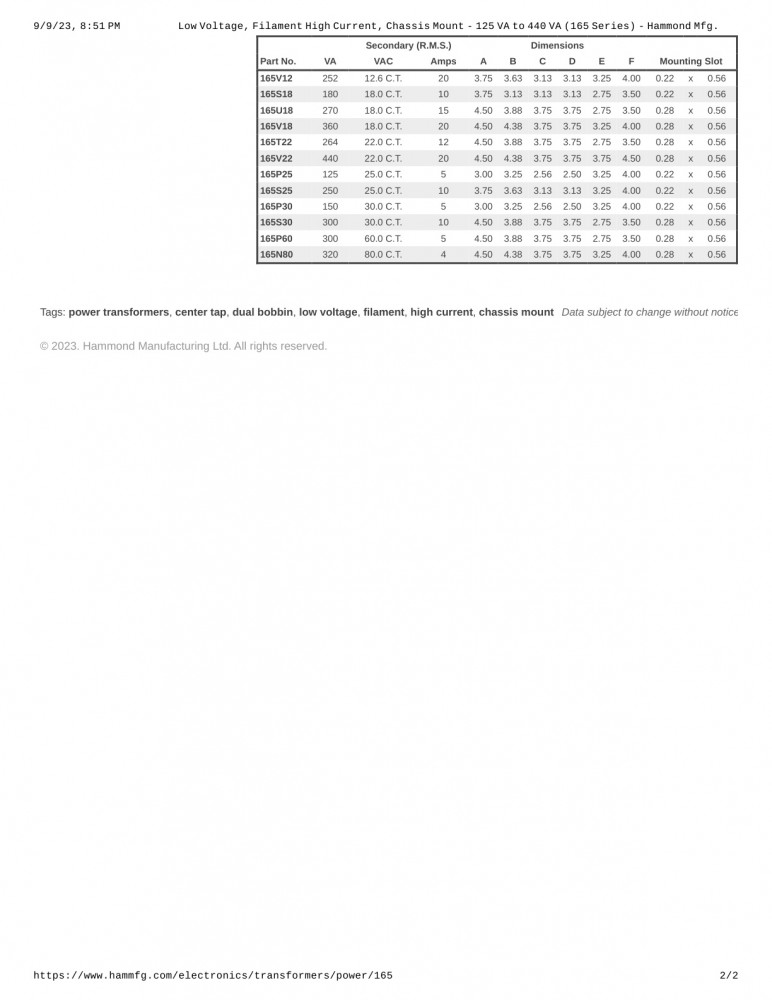 Hammond 165 Series technical document page 2
